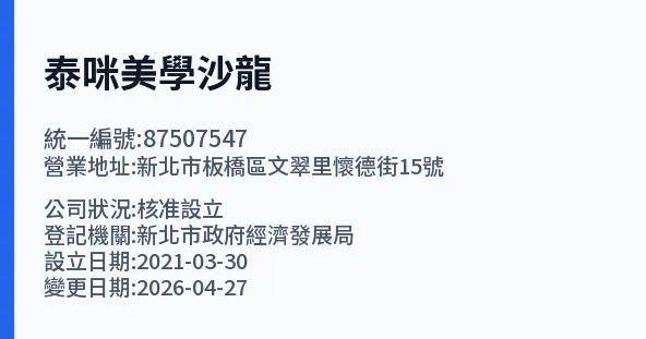 泰咪美學沙龍的照片-統編 87507547(新北市) 公司登記資料與營業項目詳細圖表
