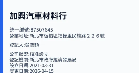 加興汽車材料行的照片-統編 87507645(新北市) 公司登記資料與營業項目詳細圖表