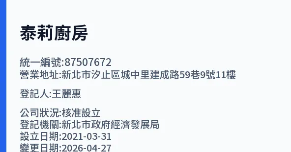 泰莉廚房的照片-統編 87507672(新北市) 公司登記資料與營業項目詳細圖表