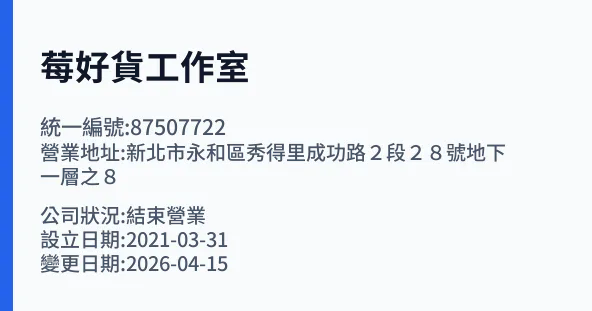 莓好貨工作室的照片-統編 87507722(新北市) 公司登記資料與營業項目詳細圖表