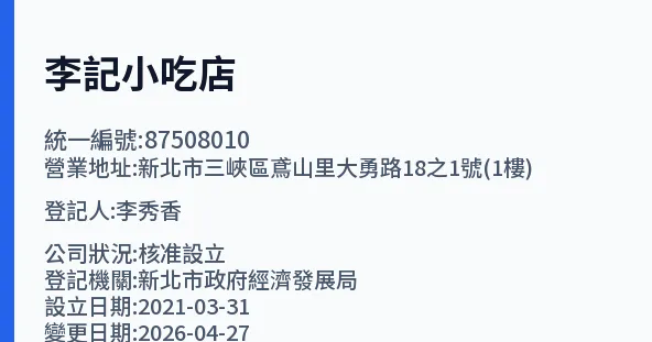 李記小吃店的照片-統編 87508010(新北市) 公司登記資料與營業項目詳細圖表