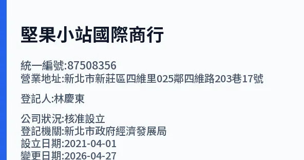 堅果小站國際商行的照片-統編 87508356(新北市) 公司登記資料與營業項目詳細圖表