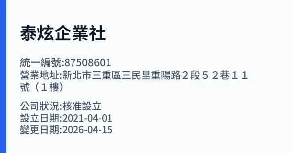 泰炫企業社的照片-統編 87508601(新北市) 公司登記資料與營業項目詳細圖表