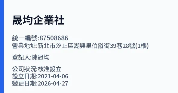 晟均企業社的照片-統編 87508686(新北市) 公司登記資料與營業項目詳細圖表