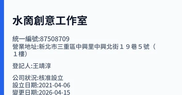 水啇創意工作室的照片-統編 87508709(新北市) 公司登記資料與營業項目詳細圖表