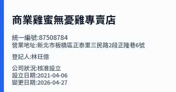 商業雞蜜無憂雞專賣店的照片-統編 87508784(新北市) 公司登記資料與營業項目詳細圖表