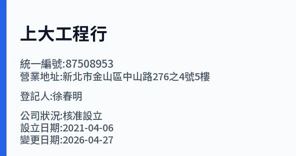 上大工程行的照片-統編 87508953(新北市) 公司登記資料與營業項目詳細圖表