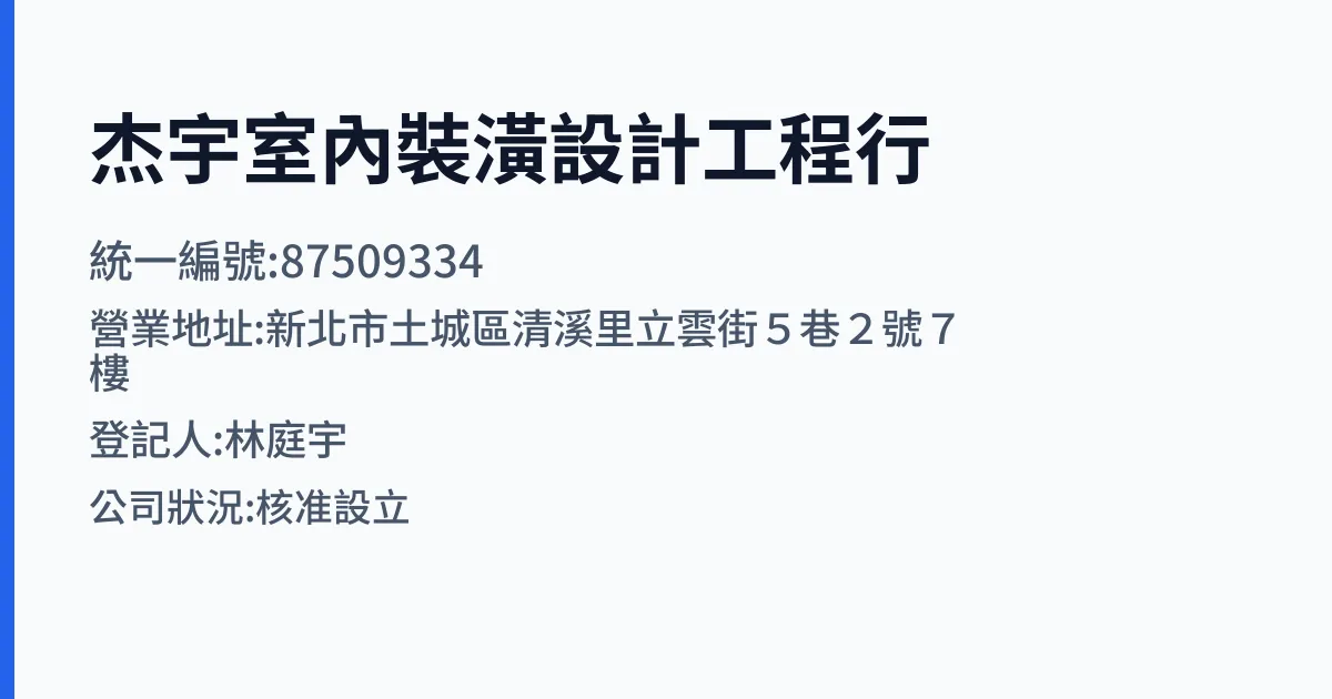 杰宇室內裝潢設計工程行 - 統編 87509334(新北市) 公司登記資料與營業項目詳細圖表