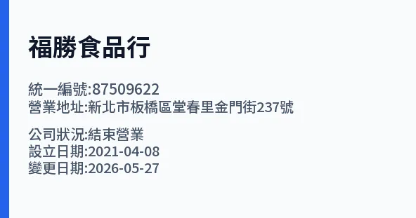 福勝食品行的照片-統編 87509622(新北市) 公司登記資料與營業項目詳細圖表