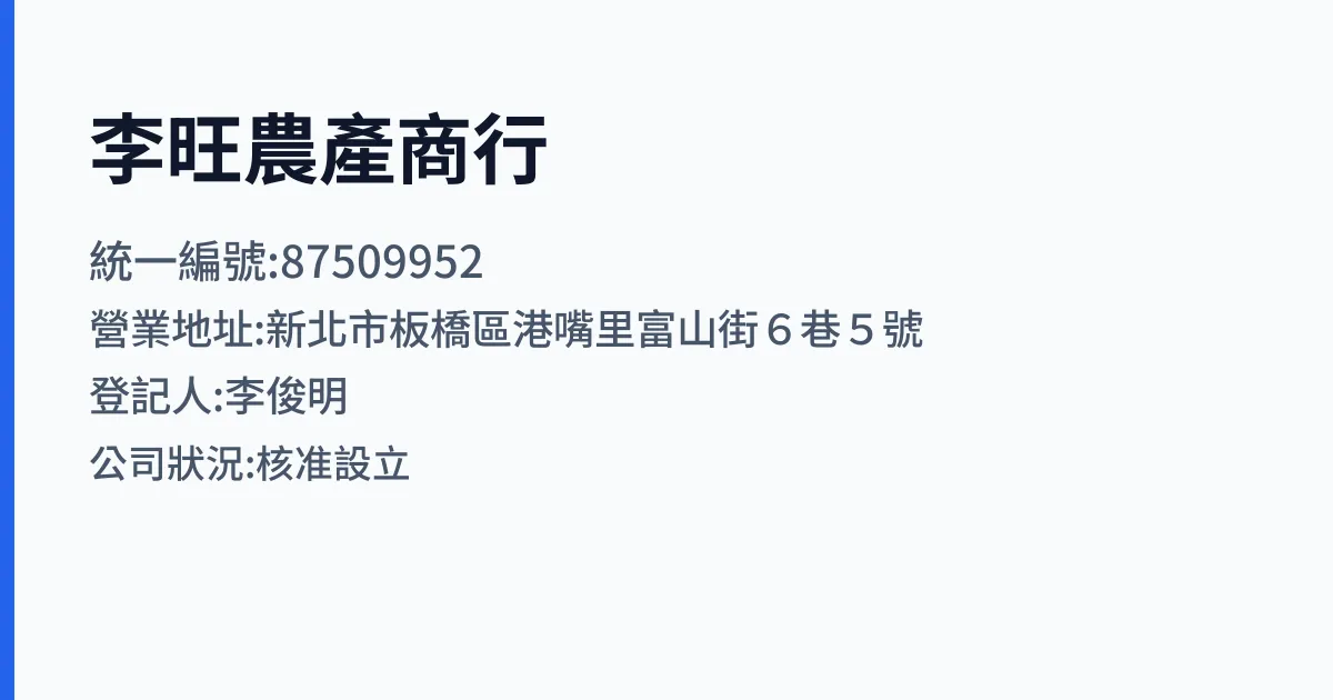 李旺農產商行 - 統編 87509952(新北市) 公司登記資料與營業項目詳細圖表