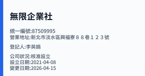 無限企業社的照片-統編 87509995(新北市) 公司登記資料與營業項目詳細圖表