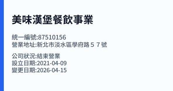 美味漢堡餐飲事業的照片-統編 87510156(新北市) 公司登記資料與營業項目詳細圖表