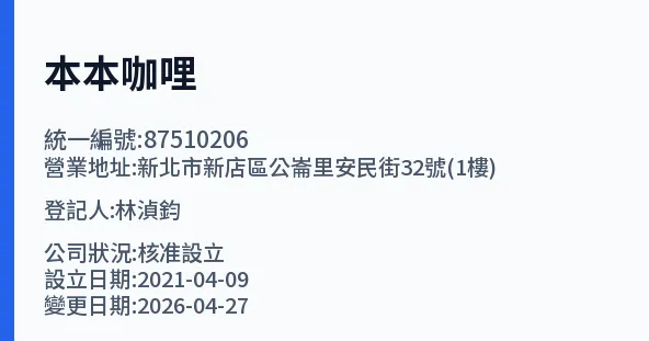 本本咖哩的照片-統編 87510206(新北市) 公司登記資料與營業項目詳細圖表