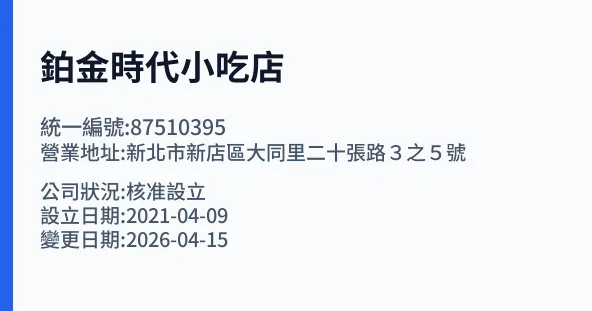 鉑金時代小吃店的照片-統編 87510395(新北市) 公司登記資料與營業項目詳細圖表