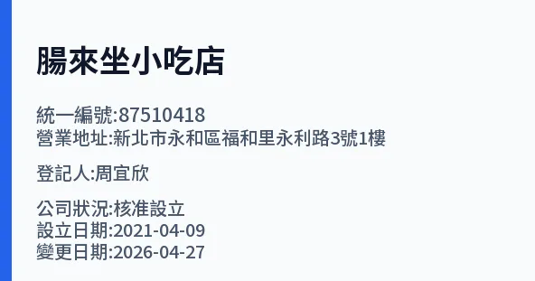 腸來坐小吃店的照片-統編 87510418(新北市) 公司登記資料與營業項目詳細圖表