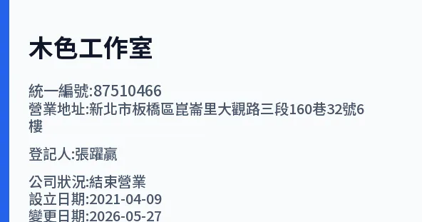 木色工作室的照片-統編 87510466(新北市) 公司登記資料與營業項目詳細圖表