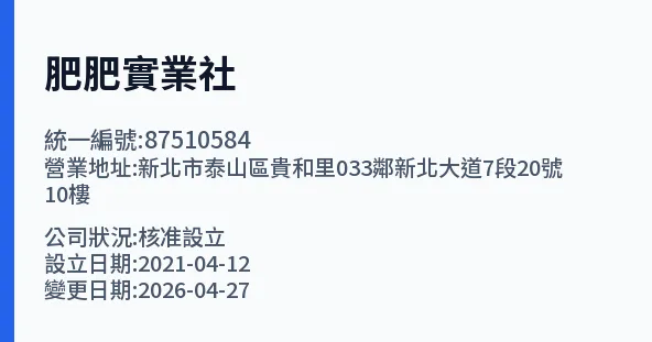 肥肥實業社的照片-統編 87510584(新北市) 公司登記資料與營業項目詳細圖表