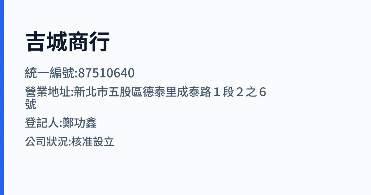 吉城商行 - 統編 87510640(新北市) 公司登記資料與營業項目詳細圖表