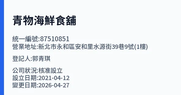 青物海鮮食舖的照片-統編 87510851(新北市) 公司登記資料與營業項目詳細圖表