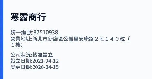 寒露商行的照片-統編 87510938(新北市) 公司登記資料與營業項目詳細圖表