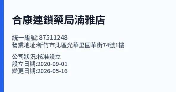 合康連鎖藥局湳雅店的照片-統編 87511248(新竹市) 公司登記資料與營業項目詳細圖表