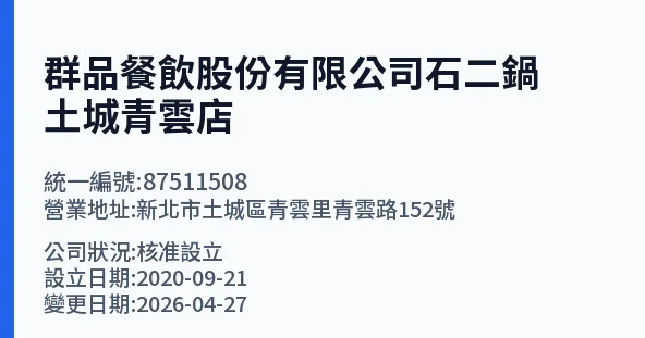 群品餐飲股份有限公司石二鍋土城青雲店的照片-統編 87511508(新北市) 公司登記資料與營業項目詳細圖表