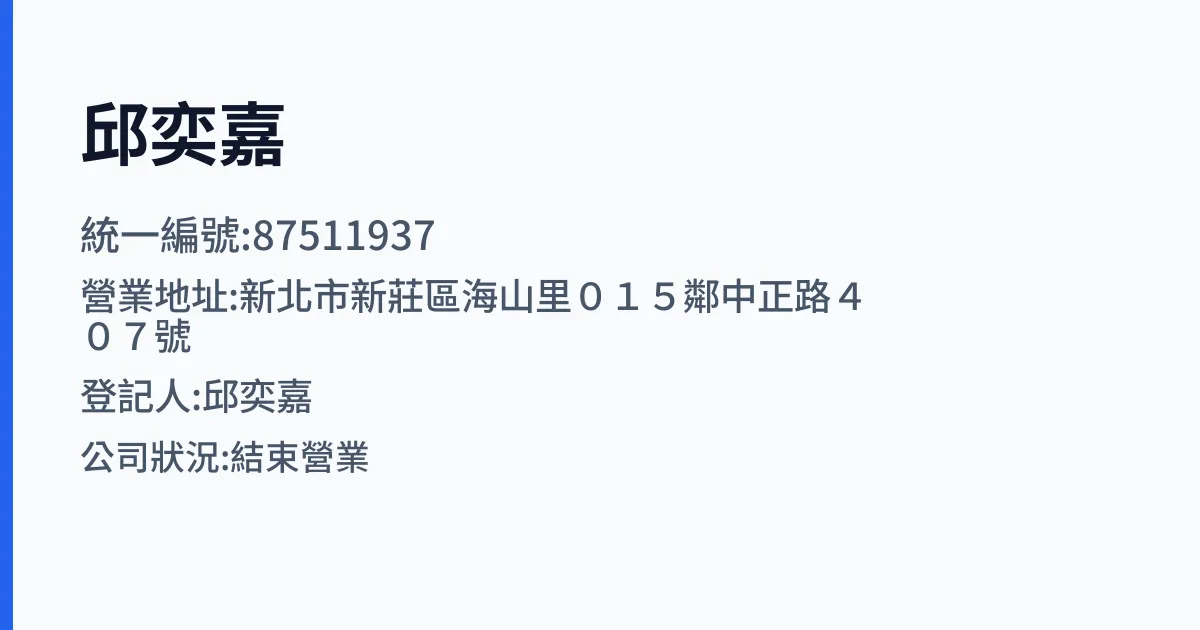 邱奕嘉 - 統編 87511937(新北市) 公司登記資料與營業項目詳細圖表