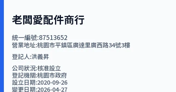 老闆愛配件商行的照片-統編 87513652(桃園市) 公司登記資料與營業項目詳細圖表
