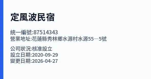 定風波民宿的照片-統編 87514343(花蓮縣) 公司登記資料與營業項目詳細圖表