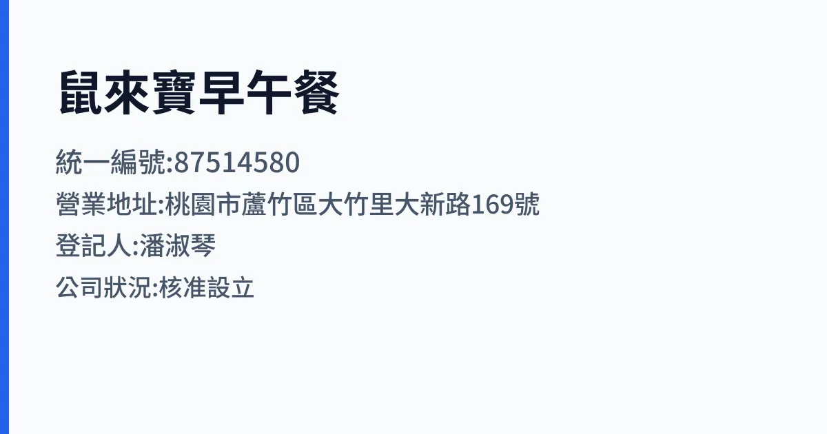 鼠來寶早午餐 - 統編 87514580（桃園市） 公司登記資料與營業項目詳細圖表