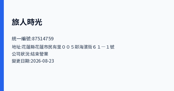 旅人時光的照片-統編 87514759(花蓮縣) 公司登記資料與營業項目詳細圖表