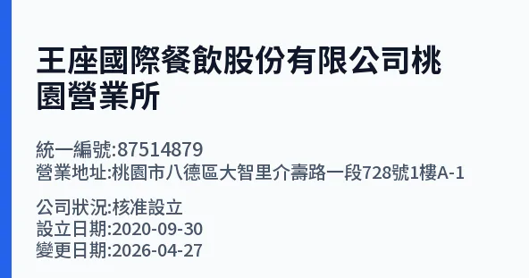王座國際餐飲股份有限公司桃園營業所的照片-統編 87514879(桃園市) 公司登記資料與營業項目詳細圖表