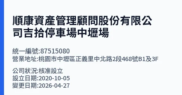 順康資產管理顧問股份有限公司吉拾停車場中壢場的照片-統編 87515080(桃園市) 公司登記資料與營業項目詳細圖表