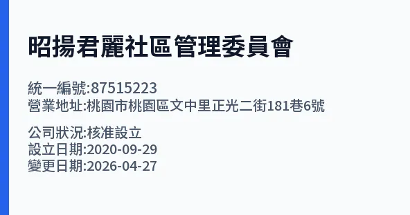 昭揚君麗社區管理委員會的照片-統編 87515223(桃園市) 公司登記資料與營業項目詳細圖表