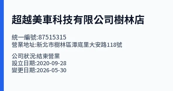 超越美車科技有限公司樹林店的照片-統編 87515315(新北市) 公司登記資料與營業項目詳細圖表