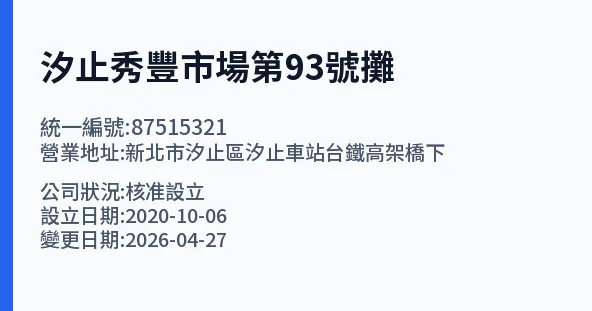 汐止秀豐市場第93號攤的照片-統編 87515321(新北市) 公司登記資料與營業項目詳細圖表