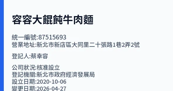 容容大餛飩牛肉麵的照片-統編 87515693(新北市) 公司登記資料與營業項目詳細圖表