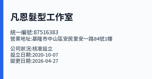 凡恩髮型工作室的照片-統編 87516383(基隆市) 公司登記資料與營業項目詳細圖表