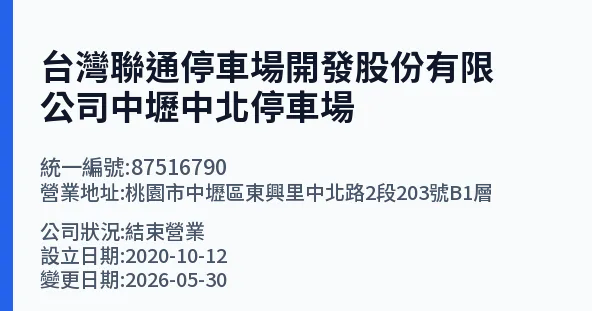 台灣聯通停車場開發股份有限公司中壢中北停車場的照片-統編 87516790(桃園市) 公司登記資料與營業項目詳細圖表