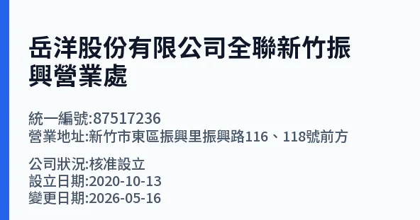 岳洋股份有限公司全聯新竹振興營業處的照片-統編 87517236(新竹市) 公司登記資料與營業項目詳細圖表