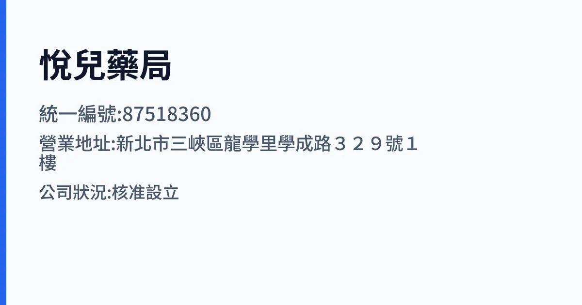 悅兒藥局 - 統編 87518360(新北市) 公司登記資料與營業項目詳細圖表
