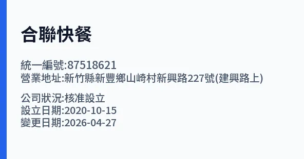 合聯快餐的照片-統編 87518621(新竹縣) 公司登記資料與營業項目詳細圖表
