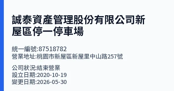 誠泰資產管理股份有限公司新屋區停一停車場的照片-統編 87518782(桃園市) 公司登記資料與營業項目詳細圖表