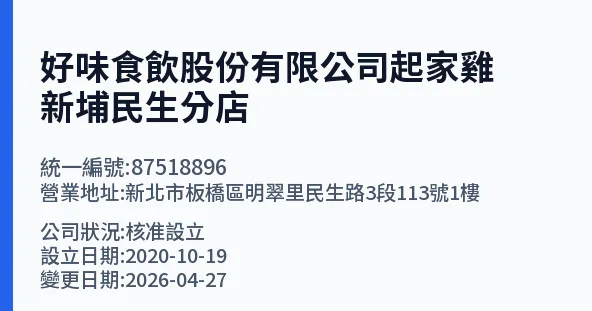 好味食飲股份有限公司起家雞新埔民生分店的照片-統編 87518896(新北市) 公司登記資料與營業項目詳細圖表
