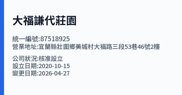 大福謙代莊園的照片-統編 87518925(宜蘭縣) 公司登記資料與營業項目詳細圖表