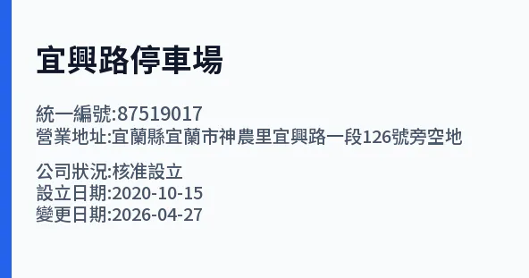 宜興路停車場的照片-統編 87519017(宜蘭縣) 公司登記資料與營業項目詳細圖表