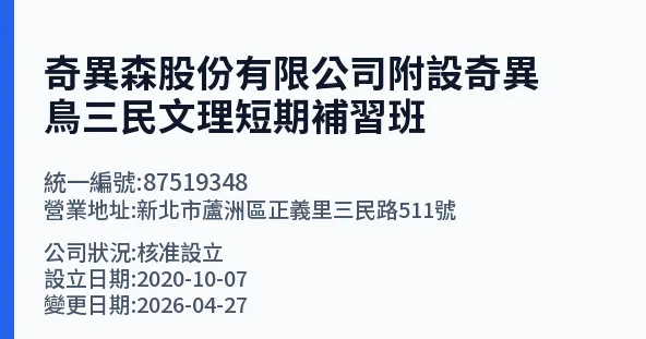 奇異森股份有限公司附設奇異鳥三民文理短期補習班的照片-統編 87519348(新北市) 公司登記資料與營業項目詳細圖表