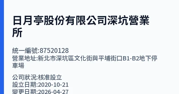 日月亭股份有限公司深坑營業所的照片-統編 87520128(新北市) 公司登記資料與營業項目詳細圖表