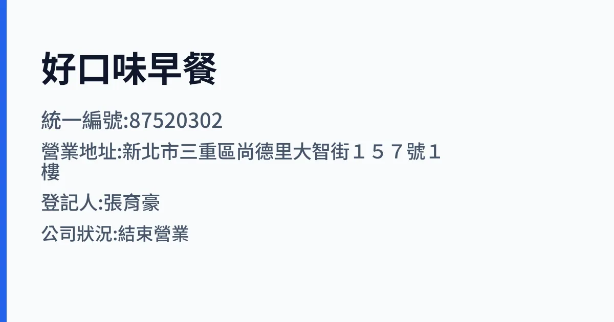 好口味早餐 - 統編 87520302(新北市) 公司登記資料與營業項目詳細圖表