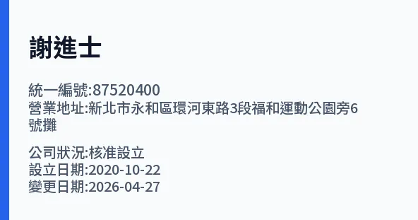 謝進士的照片-統編 87520400(新北市) 公司登記資料與營業項目詳細圖表